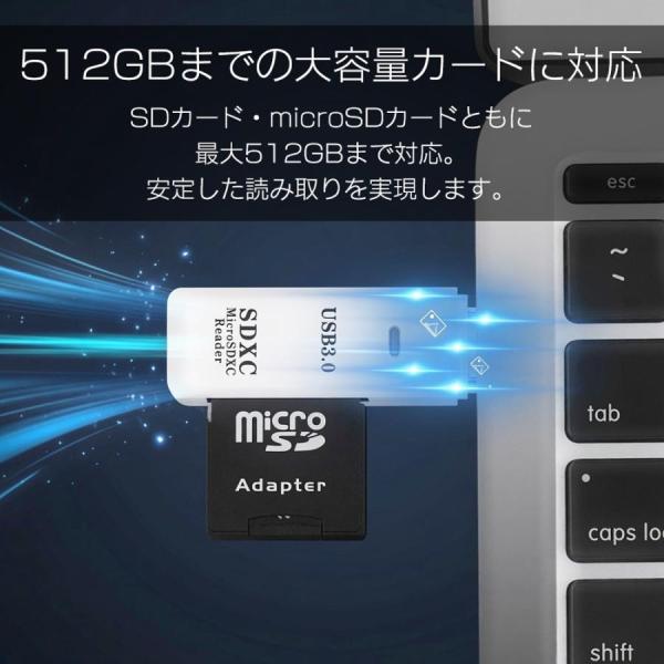 USB3.0で高速データ転送！動画や大量の写真などの移動に便利！USB3.0 SD・microSD 2in1カードリーダーSD＆microSDが1台で使える2WAY設計大容量データも快適！最大512GB対応 動画や大量の写真など大きなデータ...
