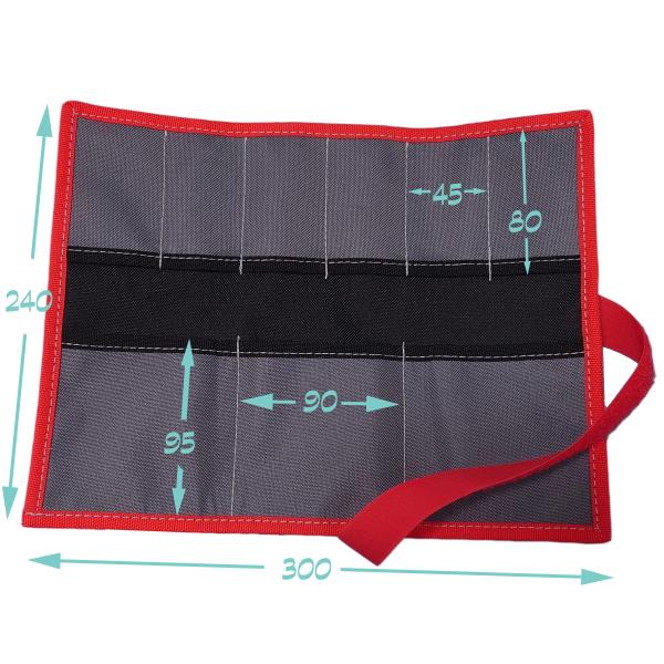 <特長>各種工具の収納、持ち運びにコンパクトに収まるロールアップケース！Ａ4サイズのロールアップタイプの工具入れですが、ポケットが9個もあります。全長約210ミリのペンチが3個収納できるなど多様性に富んでいます！外側がメインが黒...