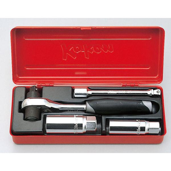 3/8"(9.5mm )sq.プラグレンチセット4pcs.スパークプラグソケット(クリップ式) 3300C-16 3300C-20.8 ラチェットハンドル(樹脂グリップトルクレンチ)3751J 首振エクステンションバー 3763-125