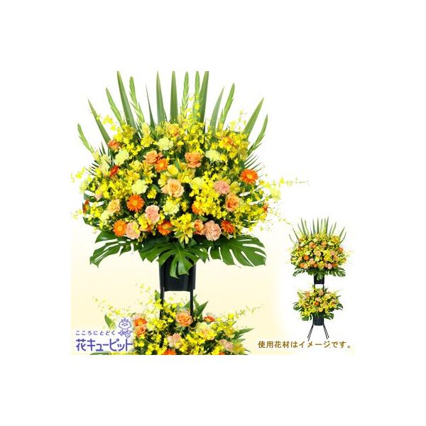 鮮やかなイエローオレンジの色合いが目をひく、2段タイプのスタンド花です。ボリューム満点の2段タイプは、他とは差をつけたい特別なお祝いにおすすめです。開店開業祝い、発表会、劇場などのお祝いにおすすめ。花キューピット加盟店が手渡しでお届けします...