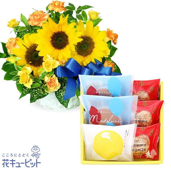 ひまわりに父の日らしい青のリボンを添えた【ひまわりのリボンアレンジメント】と、こだわりのお菓子を詰め合わせたアソートのセットです。クリームを蒸しカステラで包んだふんわりと柔らかいお菓子「月でひろった卵」、甘酸っぱいりんごのコンポートをパイで...