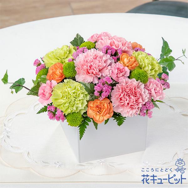 甘く優しいパステルカラーの花をぎゅっと詰め込んだアレンジメントは、まるで宝箱のよう。幅広い年代のお母さんから人気なピンクのカーネーションや、ナチュラルで爽やかな印象のグリーンを使った母の日のギフトとなっています。ボックス風の器に「ありがとう...