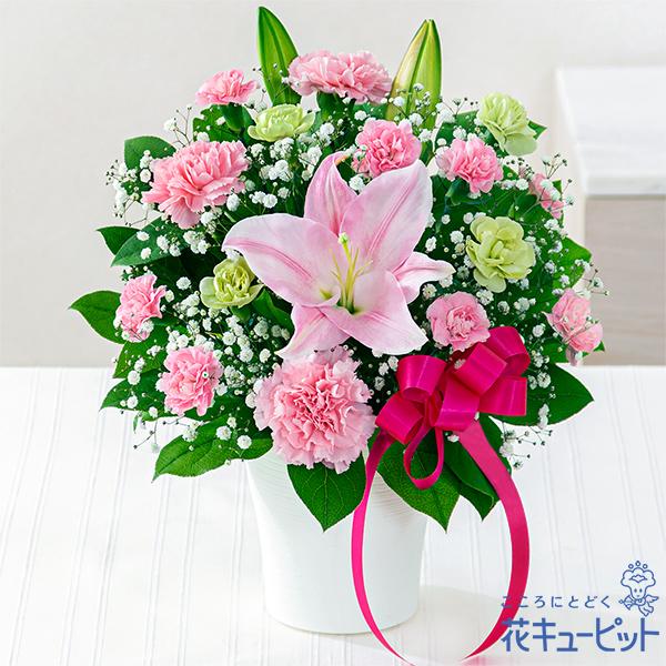 ピンクのユリとカーネーションで仕上げた、優しい色合いでありながら華やかな印象のアレンジメントです。ユリが美しく映えるシンプルなデザインは、花が好きなお母さんへの母の日のプレゼントにおすすめ。上品で落ち着いた花姿が、毎日忙しく頑張っているお母...
