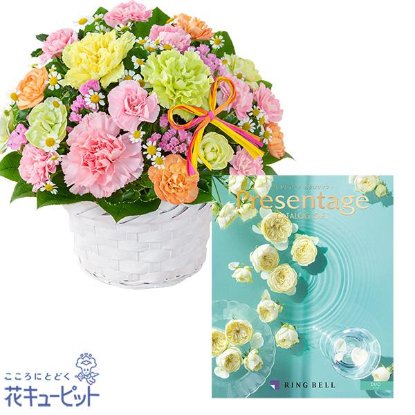 色とりどりの花々でふんわりと可愛らしくまとめた【カーネーションのミックスアレンジメント】と、多彩なブランドやグルメ、雑貨、体験型ギフトから選べるカタログギフトのセットです。約330点という豊富な掲載点数が魅力。「こんなものが欲しかった！」と...