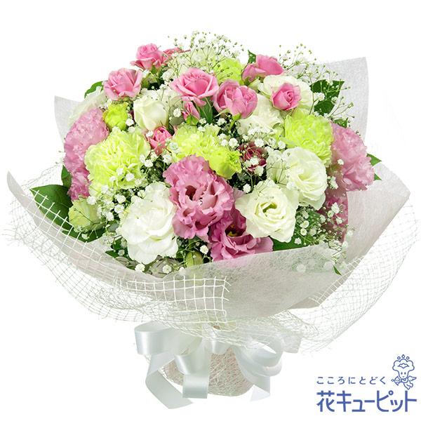 白とピンクを基調にした優しい色合いの花束です。亡くなったペットを偲んで贈るお供えのお花です。飼い主様の心を癒します。524083ペットに贈るお供え花束　かけがえのない家族の一員のお悔やみに、お花を　　【こんなご用途に】ペットのお悔やみ【使用...