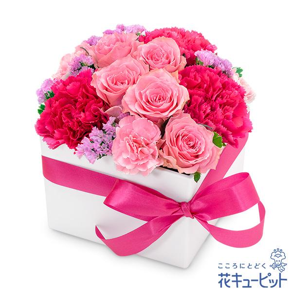 甘く可愛らしいピンクのバラをぎゅっと詰め込んだアレンジメント。花の周りにピンクのリボンをあしらって、まるで宝石箱のようなキュートな印象に仕上げました。誕生日や結婚記念日などの贈り物として、特に女性へのプレゼントにおすすめです。ボックス風の器...