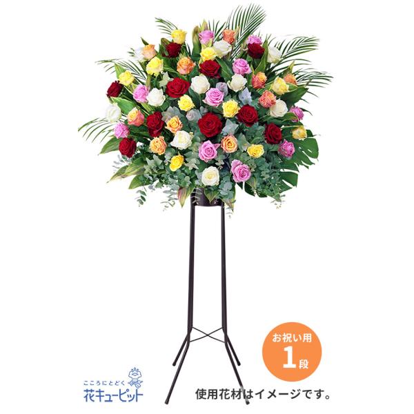美しいバラを使用した、特別なお祝いにふさわしいスタンド花です。バラのみで仕上げた豪華なスタンド花は、発表会やセレモニーでも目を引くはず。特別な方への開店・開業祝いにぜひプレゼントしてください。【スタンド等の花器はレンタルです。】【バラの色は...