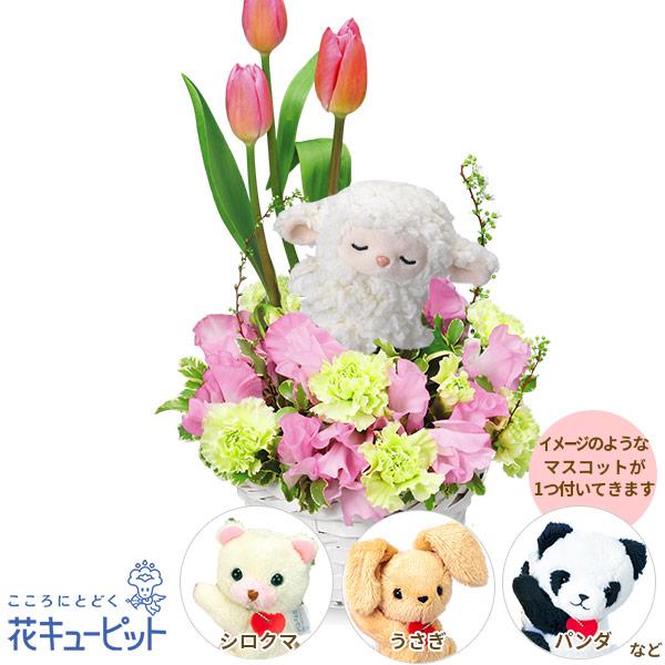 春色のお花畑の真ん中で、可愛らしい動物のマスコットがにっこり。伸びやかなピンクのチューリップが魅力的な、マスコット付きのアレンジメントです。マスコットは、パンダ・三毛猫・うさぎなどの豊富なラインナップから1つお付けいたします。どのマスコット...