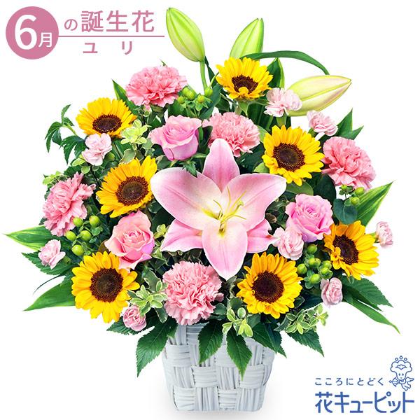 ピンクのユリと夏らしいひまわりなどの花々を、ふんだんに飾った華やかなアレンジメントです。ボリューム満点で、性別問わず喜んでもらえるデザインに仕上げました。特別な日を明るく彩る、フォーマルなお祝いの場にも最適な贈り物です。525135フォーマ...