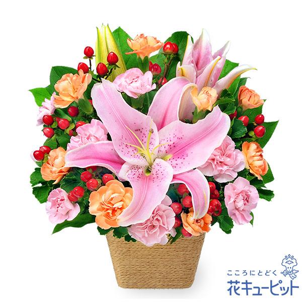 中央に生けたピンクのユリがポイントのアレンジメント。オレンジの花を添えてミックスカラーで仕上げました。誕生日や結婚記念日をお祝いするプレゼントとしてはもちろん、目上の人へのギフトや、フォーマルなシーンでの贈り物にも適しています。512514...