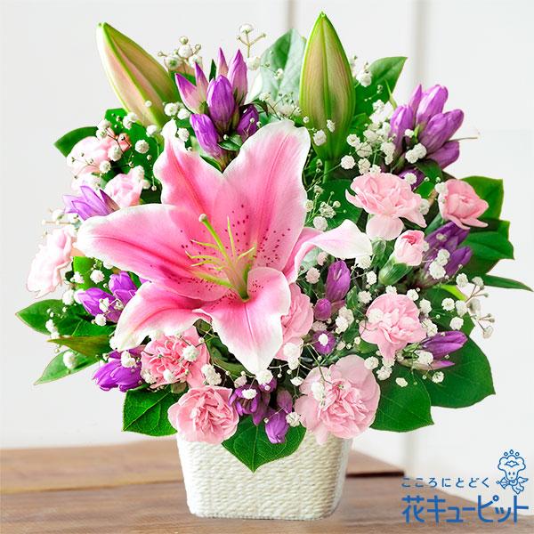 華やかな大輪のピンクユリに秋の花・リンドウを添えて、上品で落ち着いた雰囲気をプラスしています。512726華やかなピンクユリにリンドウを添えて　お祝いのメッセージも美しい花と一緒なら、いつまでも印象的に心に残ります。　　【こんなご用途に】お...