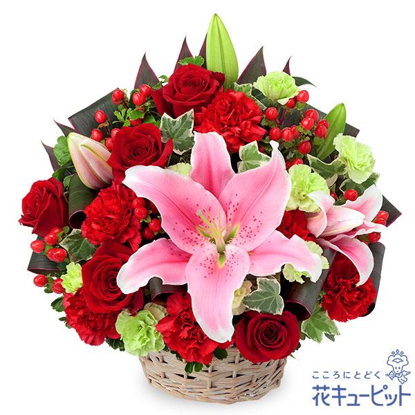 凛としたピンクユリの周りに、赤の花々をたっぷりと生けたアレンジメントです。特別なお祝いにふさわしいデザインとボリューム感になっています。上品な赤バラの花言葉は「愛情」「情熱」「美」。高級感があるので、いつもお世話になっている人や、目上の人へ...