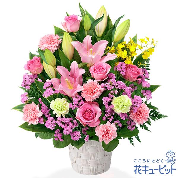 ピンクのユリを中心に、色鮮やかな花々をふんだんに使った豪華なアレンジメント。開店祝い・移転祝い・昇進祝いといった、様々なお祝いの用途でお贈りいただけます。高さ63cmとボリュームがあるため、フォーマルなお祝いのシーンに最適なプレゼントです。...