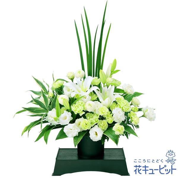 白いユリを中心にまとめた、荘厳なお供えのアレンジメントです。白上がりのお花は、お通夜やご葬儀にも最適です。凛々しく落ち着いた雰囲気のお花が、お悔やみの気持ちを伝えます。524118白でまとめた供花台付きのアレンジメント　お悔やみのお花を地域...