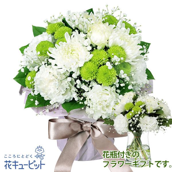 優しげな雰囲気のお供えの花束を、花瓶に挿した状態でお届けいたします。花瓶の上からラッピングを施しているため、そのまま飾っていただけます。白とグリーンの花々でまとめた白上がりの花束は、四十九日前の贈り物に最適です。524242白上がりの花束を...
