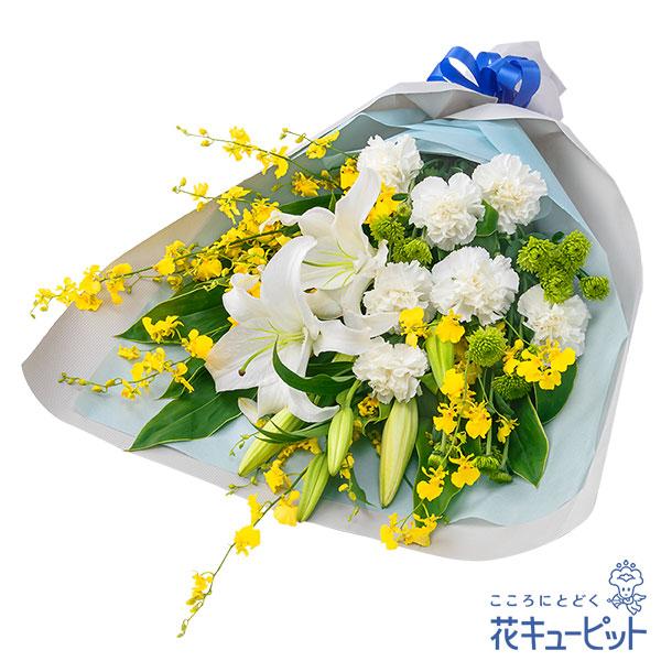 ユリとオンシジウムを束ねて、爽やかな色のラッピングで包んだお供えの花束。落ち着いた印象でありながら華があり、故人への想いを優しく届けてくれます。花を分けて飾ることもできるので、墓前へのお供えにも適しています。524427爽やかな色のラッピン...