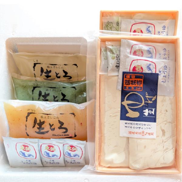 大豆の風味豊かな湯葉刺しと、つるりとなめらかな食感が楽しめる生とろ刺身こんにゃくを詰め合わせました。ゆばの豊かな風味と、口の中でとろりとなめらかに広がる生とろ。どちらも素材のおいしさをシンプルに味わえる一品です。ご飯のおかずやお酒のおつまみ...