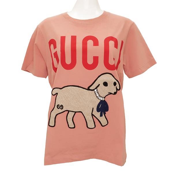 GUCCI グッチ 半袖Tシャツ ロゴプリント 犬モチーフ ピンク GUCCI グッチ 半袖Tシャツ ロゴプリント 犬モチーフ ピンク