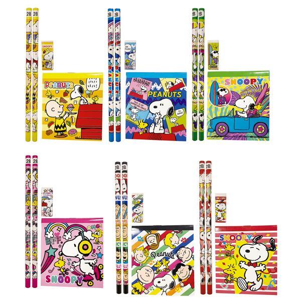 スヌーピーカラフル4点 文具セット 50個セット低単価が魅力のキャラクターアイテム。かわいいキャラクターの子ども用文具セットです。本体サイズメモ　8×9ｃｍ鉛筆　17.5ｃｍ　2本消しゴム　1.5×4.3ｃｍ ＯＰＰ袋入り子供の日 販促品 ...