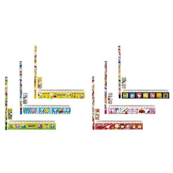 スヌーピー3点文具セット 50個セット低単価が魅力のキャラクターアイテム。かわいいキャラクターの子ども用文具セットです。本体サイズ鉛筆　17.5ｃｍ定規　15ｃｍ消しゴム　1.5×4.3ｃｍＯＰＰ袋入り子供の日 販促品 景品 粗品 ノベルテ...