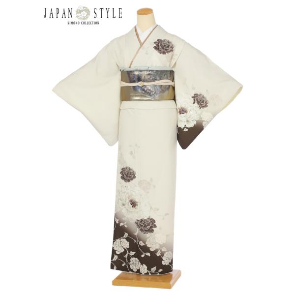 訪問着 レンタル ジャパンスタイル フルセット 七五三 結婚式 お宮参り 入園 入学 撮影 家族写真 記念写真 貸衣裳 ママ着物 母着物 JAPANSTYLE 白系 焦げ茶ぼかし 牡丹 149cm〜167cm位まで 足袋プレゼント 往復送料...