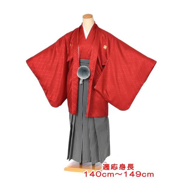 [袴　小学生　男]ジュニア用紋付袴セットレンタル8AQM16【紋付きフルセット】[羽織袴レンタル]〔袴〕〔男性着物レンタル〕〔11歳〜12歳〕〔十三参り〕〔卒業式〕〔結婚式〕【140ｃｍ〜149ｃｍ位まで】【赤】【黒グレー縞袴】足袋プレゼン...