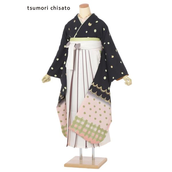 【レンタル】 卒業式 袴レンタル セット ツモリチサト(HGB075) 大人 女 レディース 袴セット 着物レンタル ハカマ はかま rental 振袖 黒 ドット 格子 レース 白袴 ふりそで 着物 袴 フルセット レンタル 対応身長15...