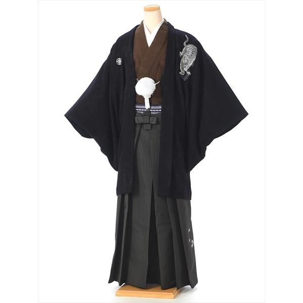 紋付袴 レンタル　（１月/成人式）8SAF-25 紋付き 羽織袴レンタル 虎柄　トラ　寅　男性 紳士 着物 成人式 結婚式 男袴 貸衣装 167ｃｍ〜172ｃｍ位まで 黒羽織 茶色着物　黒縞袴 足袋プレゼント 往復送料無料