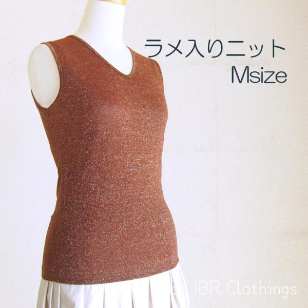 伸縮性のあるラメ入りのノースリーブシャツラメ糸を使用した伸縮性のある布地のノースリーブシャツです。ブラウンのベースにゴールドのラメが入っています。◇ブランド◇P.P.P.F.◇韓国製◇◇サイズ◇M◇素材◇ポリエステル60％　レーヨン35％　...