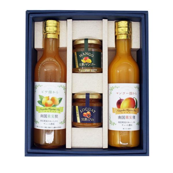 ■南国果実便「ビワ畑から」（びわ果汁）360ml×1本　原材料：枇杷（ビワ）・グラニュー糖・クエン酸・ビタミンC■南国果実便「マンゴー畑から」（マンゴー果汁）360ml×1本　原材料：芒果（マンゴー）ピューレ（指宿産10％使用）・砂糖・水飴...