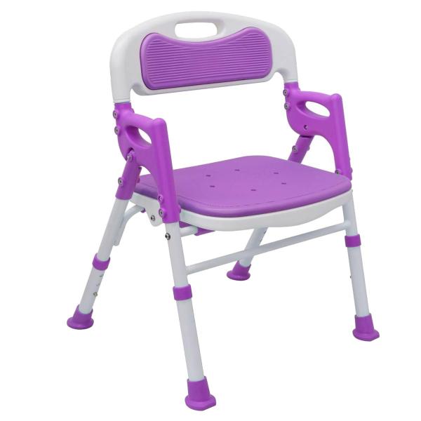 【カラー】パープル【サイズ】幅51.5×奥行47〜51×高さ67〜72cm　折りたたみ時：幅51.5×奥行21×高さ75cm　座面：38.5×34cm【重量】約3.4kg【最大使用者体重】100kg【材質】フレーム：アルミ　背もたれパッド・...