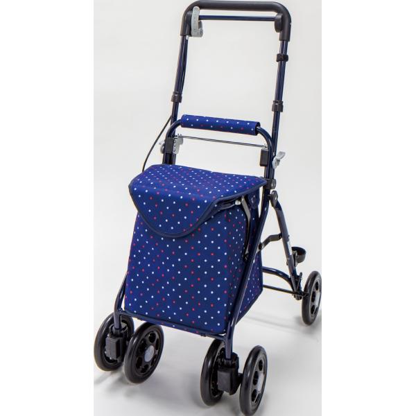 【カラー】ドットネイビー【サイズ】使用時：幅45×奥行54×高さ82〜92cm（3段階調節）　折りたたみ時：幅45×奥行29×高さ64.5cm　座面：幅29×奥行25.5cm　バッグ：幅26×奥行23×高さ30cm　バッグ積載量：10kg　...