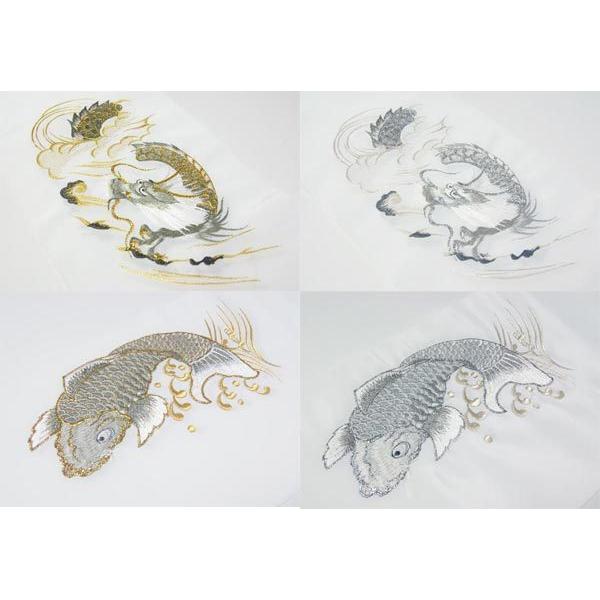 男物長襦袢用刺繍半衿ポリエステル　龍と鯉の2柄2色4タイプ　個性的男衿　和装小物　日本製生地が白色のポリエステルに昇り龍と鯉の滝登りの刺繍柄で、金や銀糸も施されています。大胆な柄、大きさ、色使い、個性が光ります。柄は左右向かい合わせ加工され...