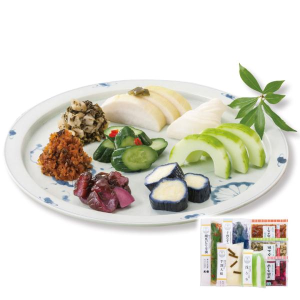 漬け込む野菜や調味料はすべて国内産を使用しています。浅漬を中心に人気商品を彩りよく詰合せました。箱サイズ：21.5×5×28cm現品サイズ・内容：浅うり(1/2舟)・胡瓜ピリ辛漬(1本)・千両なす浅漬(1本)・半割大根(1/2本)・味すぐき...
