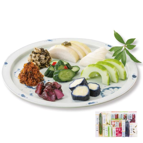 漬け込む野菜や調味料はすべて国内産を使用しています。浅漬を中心に人気商品を彩りよく詰合せました。箱サイズ：25×5×30cm現品サイズ・内容：浅うり(1/2舟)・胡瓜ピリ辛漬(1本)・こぶ漬白菜132g・千両なす浅漬(1本)・半割大根(1/...