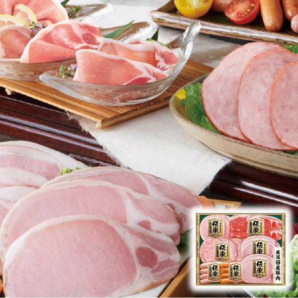「伝承」は国産豚肉を原料とし、創業者「伊藤傳三」のハムづくりの想いを込めました。箱サイズ：31.4×3.1×25.4cm現品サイズ・内容：特選(ロースハム45g×2個・ボロニアソーセージ51g・あらびき燻しウインナー85g・あらびき芳醇ウイ...