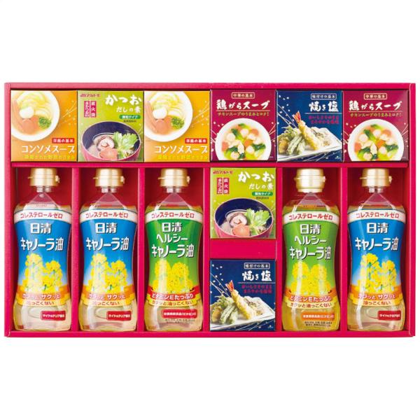 キャノーラ油、かつおだしの素、焼き塩など、いつもの料理の味わいを豊かにする調味料を詰合せました。和食、洋食、中華と幅広く使っていただけるバラエティ調味料ギフトです。箱サイズ：50.6×6.3×31.5cm現品サイズ・内容：日清キャノーラ油3...
