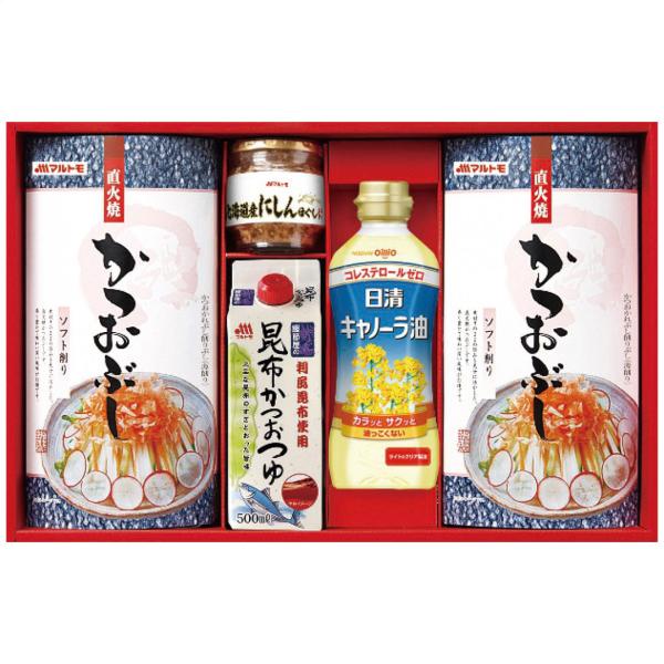 こだわりのかつお節削りパックと便利な調味料の詰め合わせです。箱サイズ：43×8.3×27.7cm現品サイズ・内容：直火焼ソフトパック(2.5g×7袋)2箱・昆布かつおつゆ500ml・日清キャノーラ油350g各1本・北海道産にしんほぐし50g...