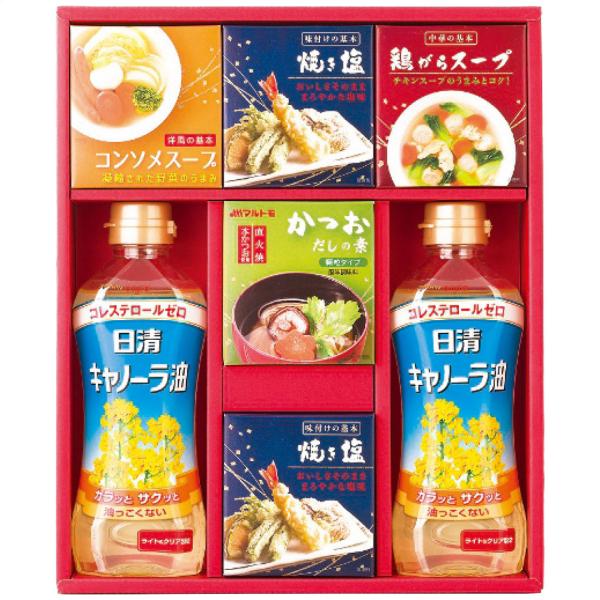 キャノーラ油、かつおだしの素、焼き塩など、いつもの料理の味わいを豊かにする調味料を詰合せました。和食、洋食、中華と幅広く使っていただけるバラエティ調味料ギフトです。箱サイズ：26.3×6×31.5cm現品サイズ・内容：日清キャノーラ油350...