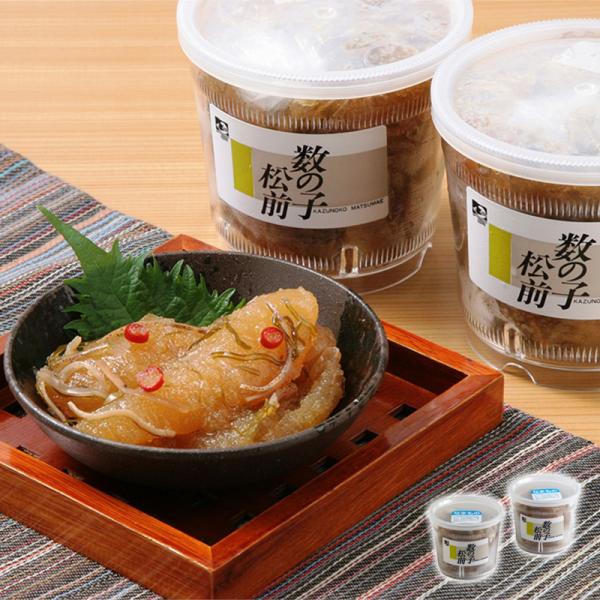 北海道道南地方で古くから伝わる郷土の味松前漬。醤油ベースの調味液に昆布とするめの美味しさが溶け出し、大ぶりの数の子によく絡み合います。おせち料理、お酒の肴に、ご飯のお供としておすすめです。箱サイズ(cm)：12×21.5×12cm現品・内容...