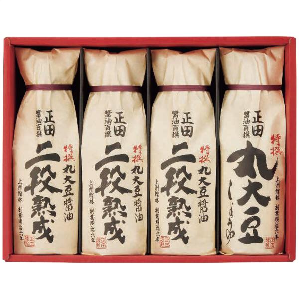 丸大豆をじっくり仕込んだ本醸造しょうゆと再仕込製法で丁寧に仕込んだ二段熟成しょうゆセットです。箱サイズ：29.5×7.5×22.1cm現品サイズ・内容：特撰丸大豆しょうゆ1本・二段熟成しょうゆ3本・各360ml重量：2000g製造生産地：日...