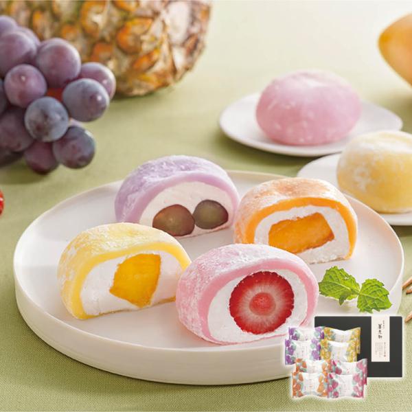 みずみずしいフルーツの果肉とクリームを柔らかなお餅で閉じ込めたカラフルなフルーツ大福です。箱サイズ(cm)：20×29×4cm現品・内容・サイズ・材質：いちご・マンゴー・ぶどう・パイン×各2(計8) 製造生産地：京都府（加工地）賞味期間：製...