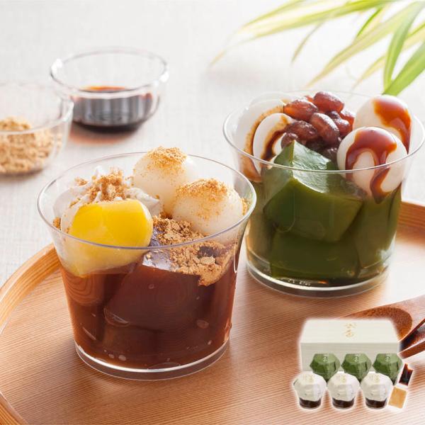 黒糖と抹茶2種類のわらび餅に白玉・ホイップクリームなどをトッピングしたひんやり和スイーツ。仕上げに、黒糖わらびにはきな粉を、抹茶わらびには黒蜜をかけてお召し上がりください。箱サイズ(cm)：17×26×11cm現品・内容・サイズ・材質：黒糖...