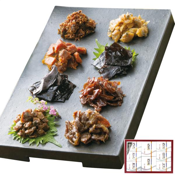 昔ながらのおいしさを、伝統的な製法で作られたおいしい佃煮の詰合せです。箱サイズ(cm)：28×40×2.8cm現品・内容・サイズ・材質：茶漬け浅利80g、蜆志ぐれ煮85g、和牛しぐれ60g、貝ひも60g、椎茸昆布、鰹の華45g、角煮90g、...