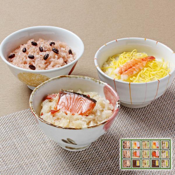 料亭の炊き込みご飯をお好きなときに電子レンジ（600Ｗ）約1分で簡単に召し上がることができます。箱サイズ(cm)：25.7×35×5.5cm現品・内容・サイズ・材質：ちりめんごはん ・赤飯 ・十六穀米【さつま芋】 各90ｇ×3、ちらし寿司 ...