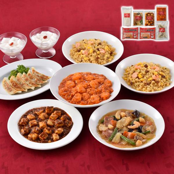 中華料理の名店「赤坂四川飯店」が監修した本格中華料理をお届けします。どれもこだわりの味に仕上げています。内容量：餃子120g(6個入)×1、本格四川麻婆豆腐150g×1、乾焼蝦仁（エビチリソース）150g×1、本格八宝菜150g×1、ふっく...