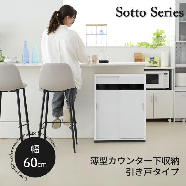 奥行き22cmのスリムタイプなカウンター下収納引き戸タイプ幅60。高さは80cmなので、カウンター下収納としてだけでなく、リビング収納としてもぴったり。可動式の棚板付きで、食器等はもちろん、CDやDVD、コミックも綺麗に収納。配線孔がついて...