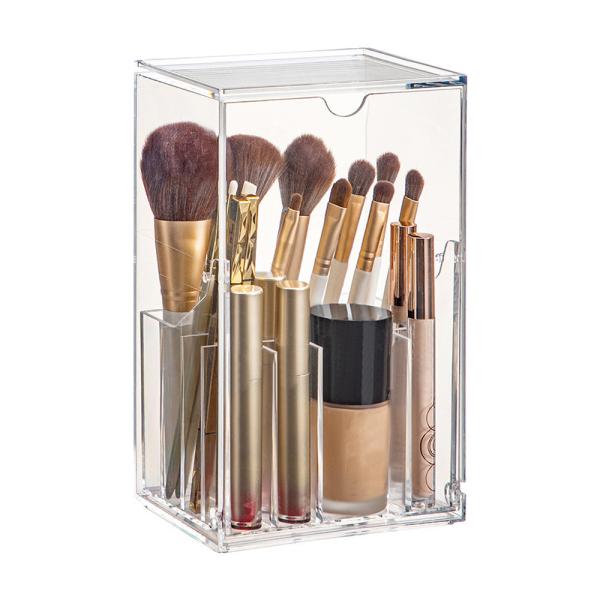 メイクブラシ収納ケース（蓋付き）サイズ：約13×9.1×22cm素材：クリアプラスチック【45°開閉デザインで取りやすい】化粧ブラシを直立収納でき、45度の開閉角度で手元にスッと届く。メイク中の取り出し・収納がスムーズで、時間の節約にもなり...