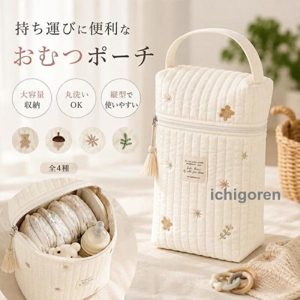 やさしい風合いのキルティング素材を使用した、おむつポーチです。おむつやおしりふきはもちろん、着替えや哺乳瓶、小物までまとめて収納できる大容量設計。バッグインバッグとして使えるほか、ベビーカーにも取り付けやすく、お出かけや旅行にも便利です。開...