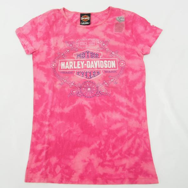 "ハーレー純正Tシャツです。PINK TYEDYE品番:LBV-10055レディースSサイズ定価￥6.730平置きサイズ肩幅36cm着丈59cm"